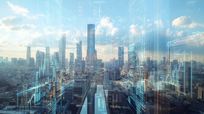 Digital Cityscape Data Overlay on Urban Skyline, Smart City, Technology Smart City, Digital ...