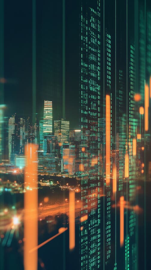 Digital Cityscape with Data Visualization, Glowing Binary Code, and Financial Graphs ...
