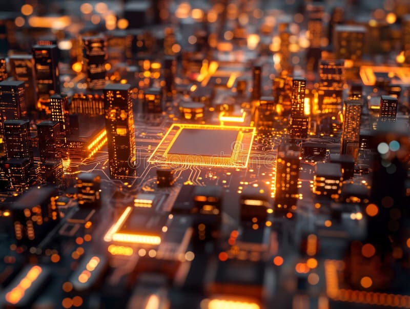 Digital Cityscape with Electronic Circuitry Stock Image - Image of ...