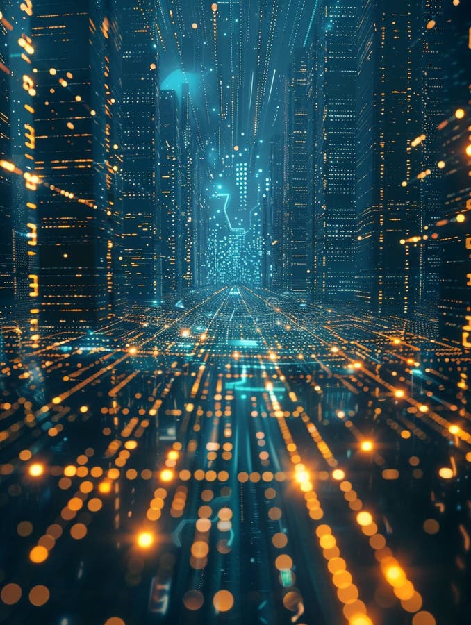 Digital Cityscape with Endless Rows of Code a Blueprint of the Virtual ...