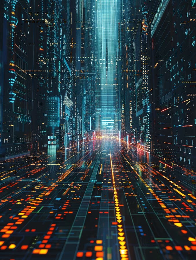 Digital Cityscape with Endless Rows of Code a Blueprint of the Virtual ...