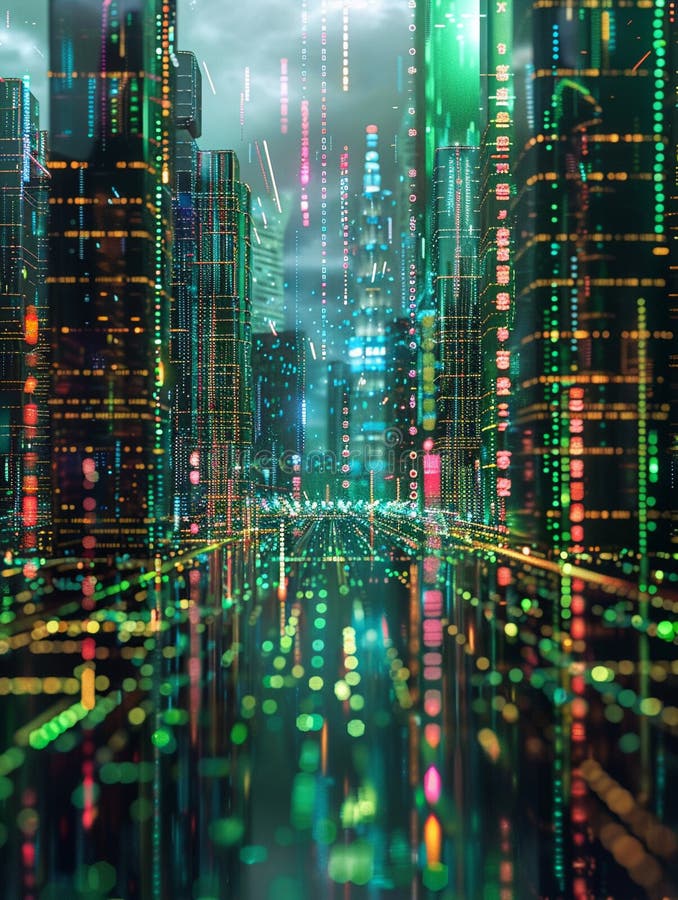 Digital Cityscape with Endless Rows of Code a Blueprint of the Virtual ...