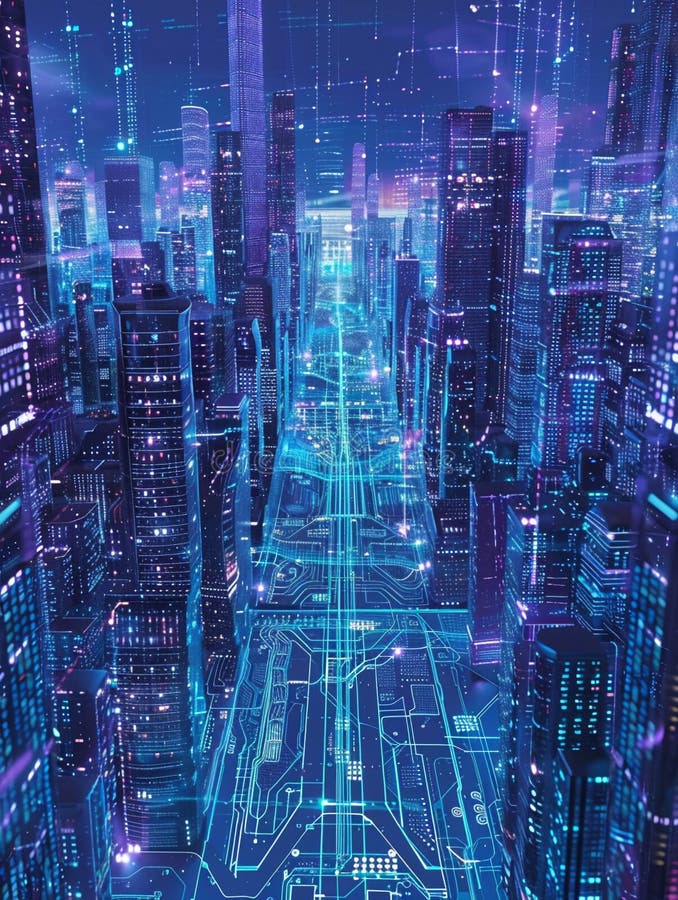 Digital Cityscape with Endless Rows of Code a Blueprint of the Virtual ...