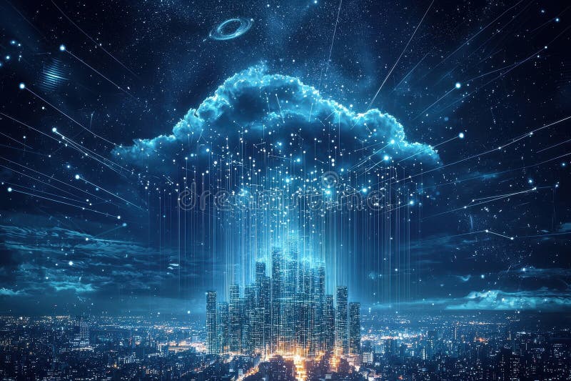 Digital Cityscape, Illuminated Data Servers in Vortex of Binary Code Against Starry Sky, a ...