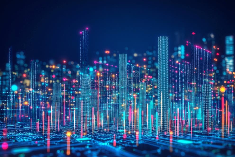 Digital Cityscape with Microchip Circuits and Processor Elements in ...