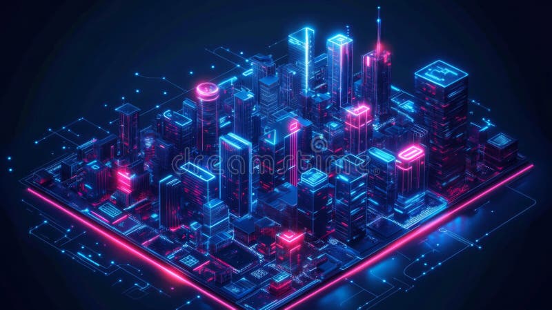 Digital Cityscape with Neon Glow in Isometric View and Modern ...