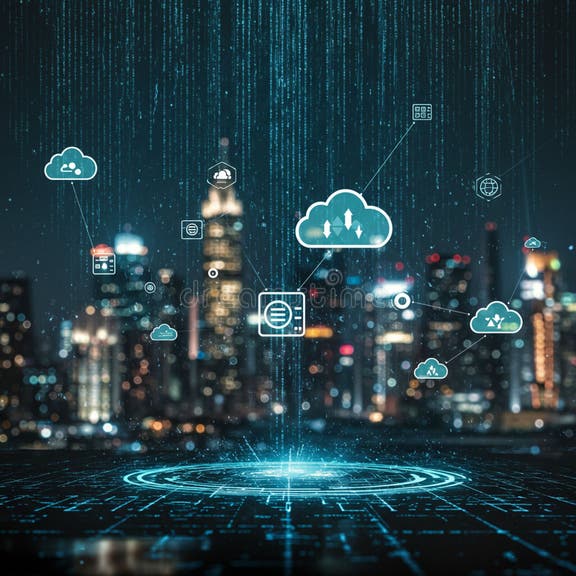 Digital Cityscape at Night with a Focus on Virtual Cloud Icons ...