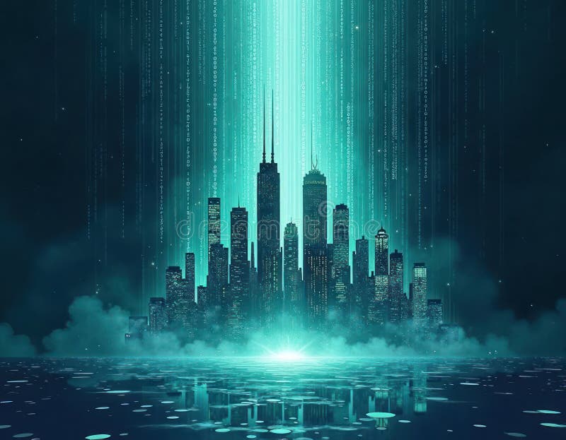 Digital Cityscape Reflects Tech Innovation. Futuristic City Glows with ...