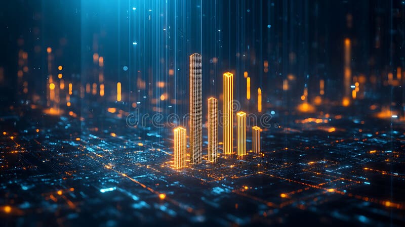 Digital Cityscape of Rising Bar Graphs Represents Future Technological ...