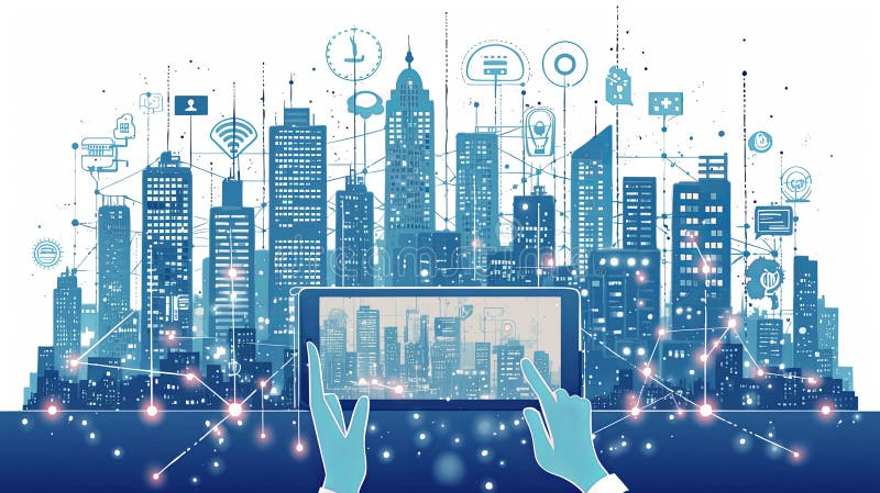 Digital Cityscape with Smart Technology and Interactive Tablet ...