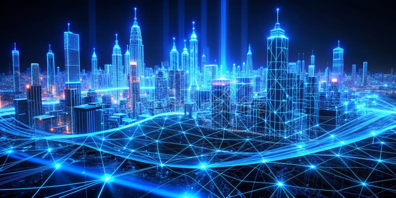 Digital Cityscape a Wireframe Metropolis Illuminated by Blue Light ...