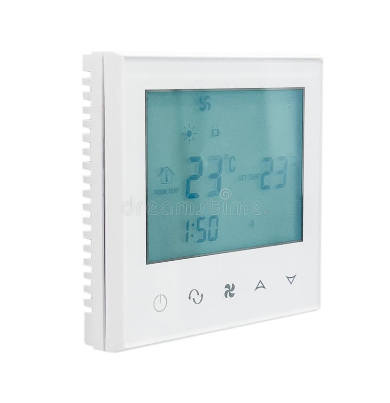 Digital Climate Thermostat Control. White Thermostat Isolated on White ...
