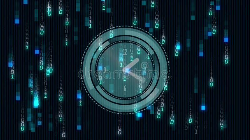 Digital Clock Animation Over Binary Code and Data Stream Background ... Digital Clock Animation Over Binary Code and Data Stream Background ...