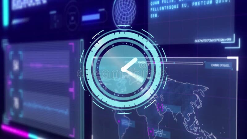Digital Clock Animation Over Futuristic Data Processing Screens and World Map Stock Video ...