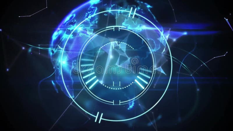 Digital Clock Animation Over Glowing Blue Globe with Network ...