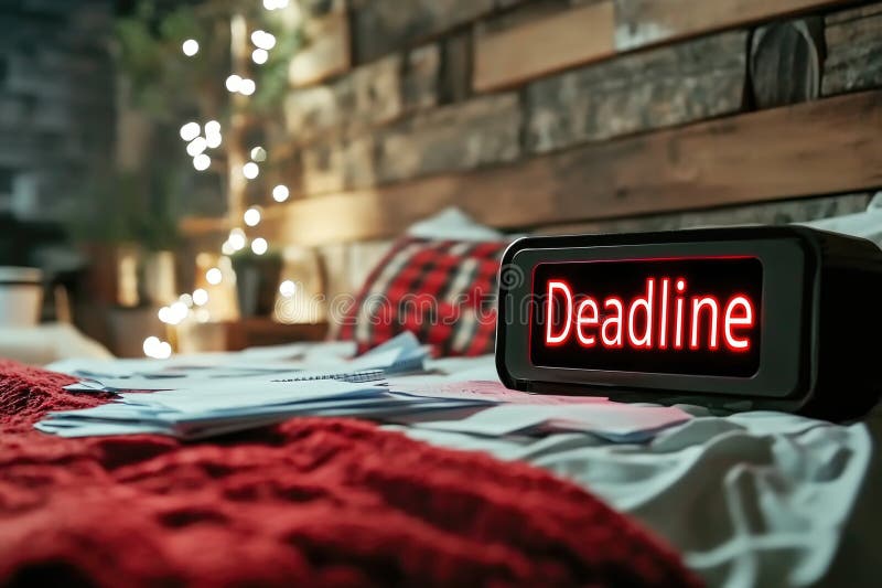 Digital Clock with Deadline Reminder on Cozy Rustic Bed Stock Photo ...