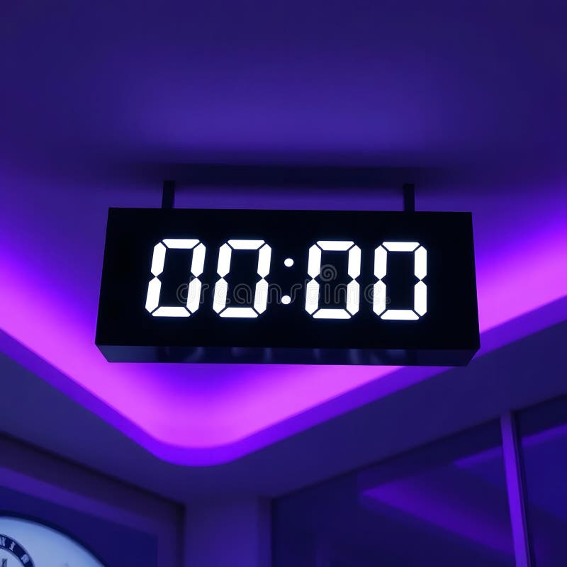 Digital Clock Displaying 00:00 in a Modern Setting with Purple Ambient ...