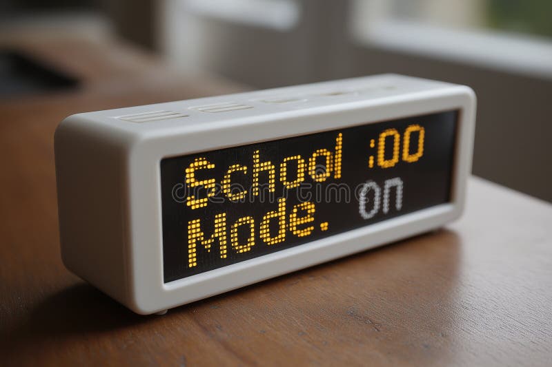 A Digital Clock Displaying "School Mode on" in Yellow, Placed on a ...