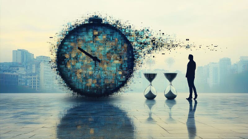 Digital Clock Dissolving in Pixel Fragments Stock Image - Image of ...