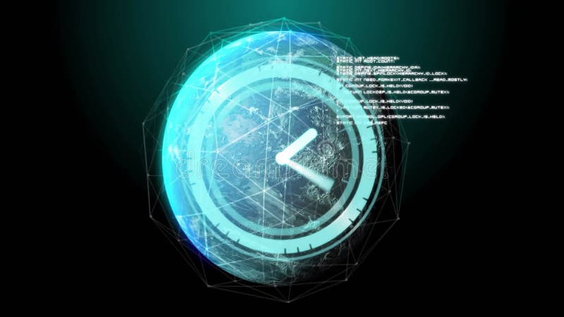Digital Clock Face with Data Processing Animation Over Glowing Globe ...