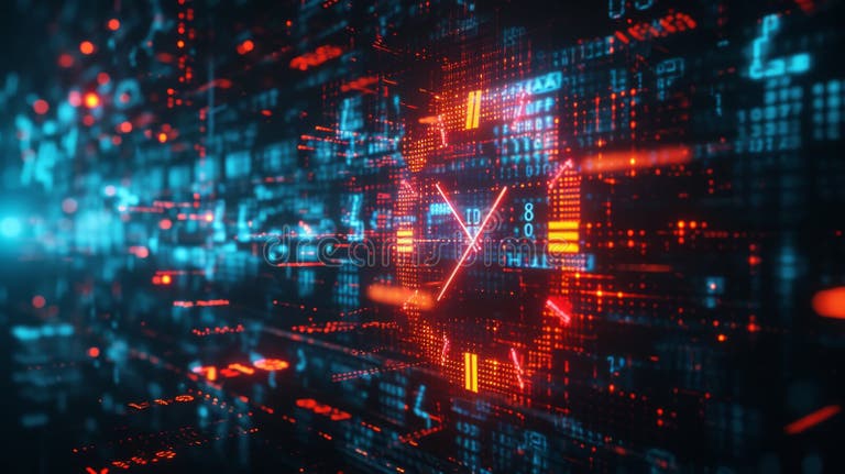 Digital Clock in Glowing Data Grid with Cyber Elements Stock Image ...