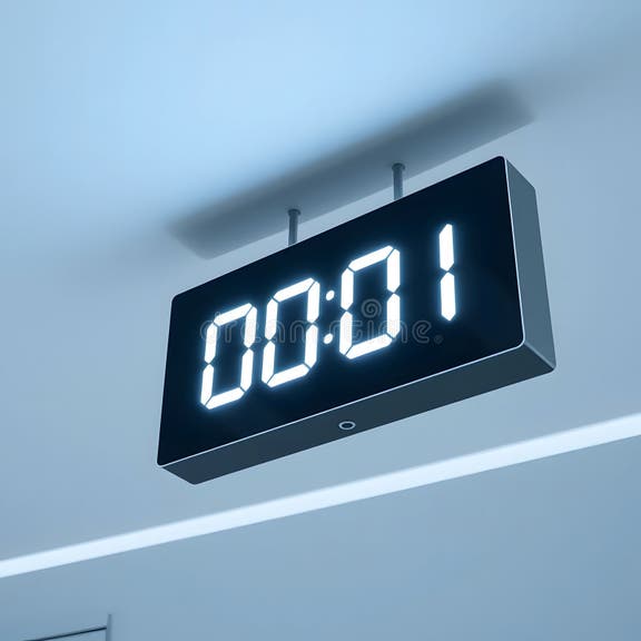 Contemporary Room with Digital Ceiling Clock Showing 00:01 and Recessed ...