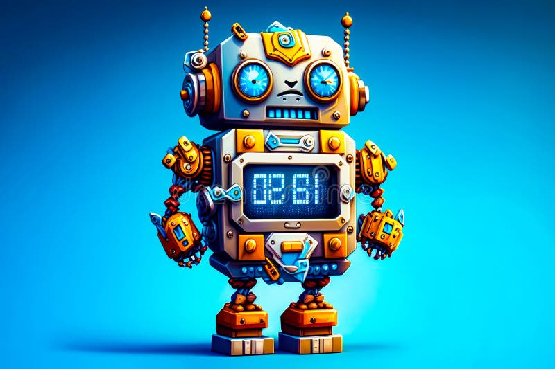 Digital Clock Sitting on Top of Yellow Robot Figure on Blue Background ...