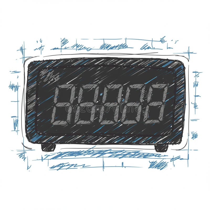 Digital Clock Sketch with a Rectangular Shape, Featuring Large, Block ...