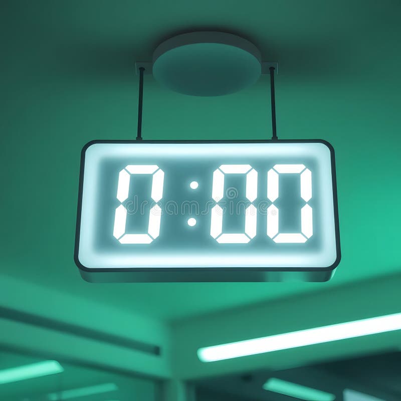 Digital Clock Suspended from Ceiling in a Sleek, Green-Lit Room Stock ...