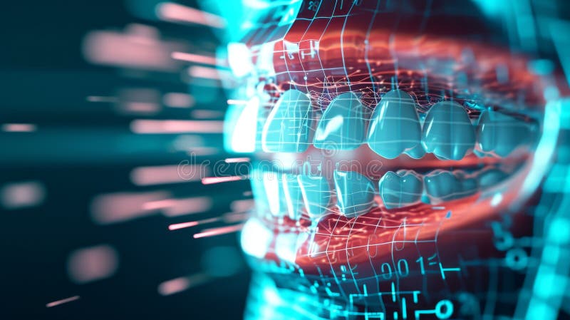 Digital Close-up of Human Teeth with Data Overlay and Glowing Effect ...