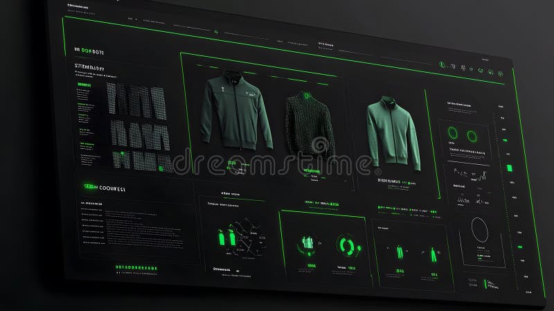 Digital Clothing Display Three Jackets on Dark Interface with Green ...