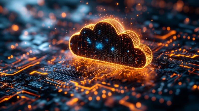 Digital Cloud on a Circuit Board with Glowing Lights, Technology and ...