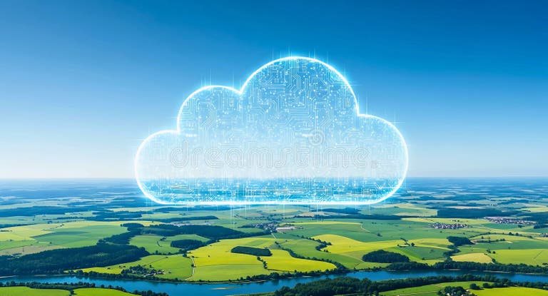 Digital Cloud with Circuit Board Pattern Floats Above Patchwork Fields ...