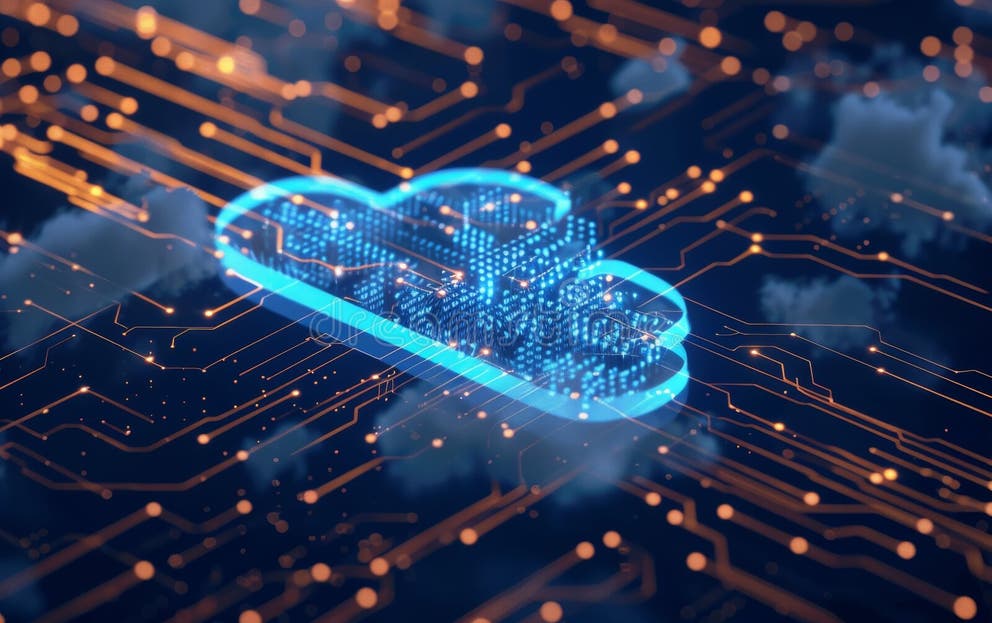 Digital Cloud with Circuit Patterns Data Technology Concept Blue Glow Stock Illustration ...