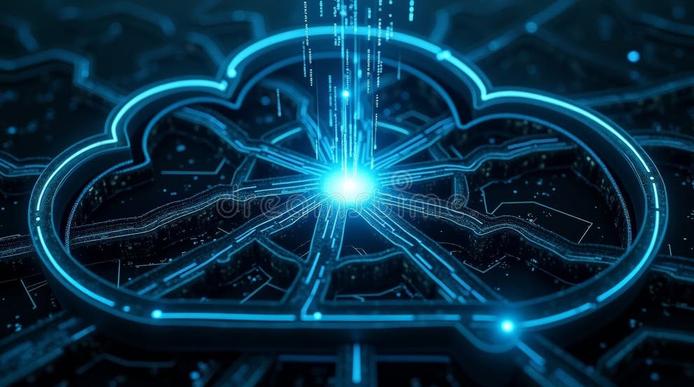 Futuristic Digital Cloud Circuit with Glowing Maze and Data Burst, Concept of AI and Cloud ...