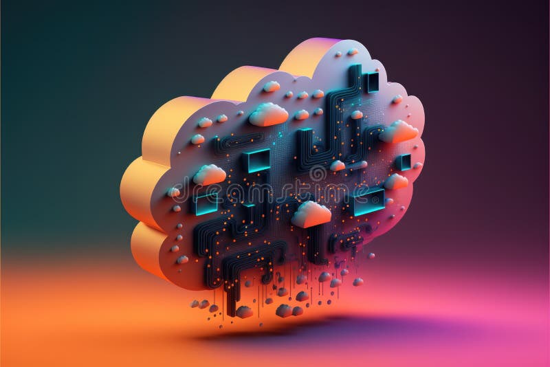 Digital Cloud With Computer Circuit Board On Neon Background Created Using Generative Ai