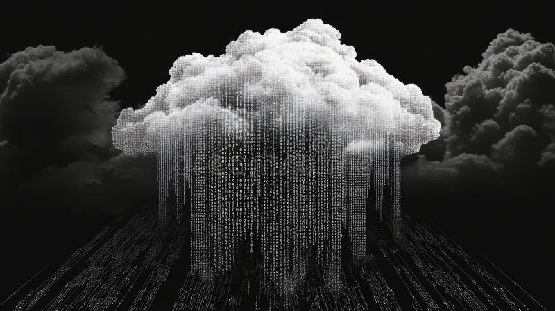 Digital Cloud Computing Concept With Binary Code Rainfall On Black Background Stock Illustration