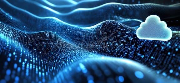 Digital Cloud Computing Concept with Flowing Data Waves and Glowing Binary Code Representation ...
