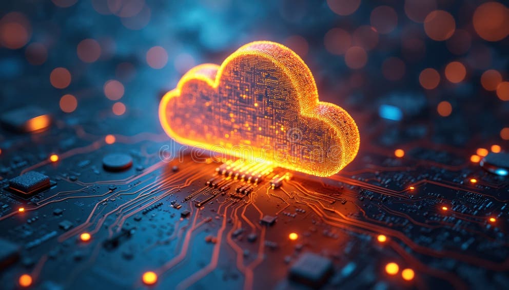 Digital Cloud Computing Concept. Glowing Cloud Hovers Above Circuit ...
