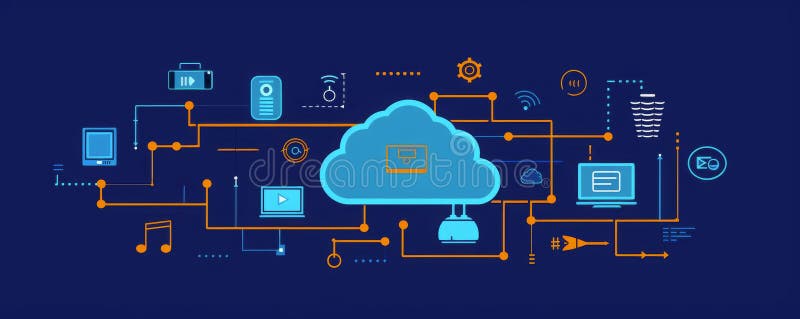 Digital Cloud Computing Concept with Network Connections. Blue and Orange Infographic Technology ...