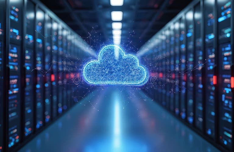 Digital Cloud Computing Concept. Cloud-shaped Structure with Glowing ...