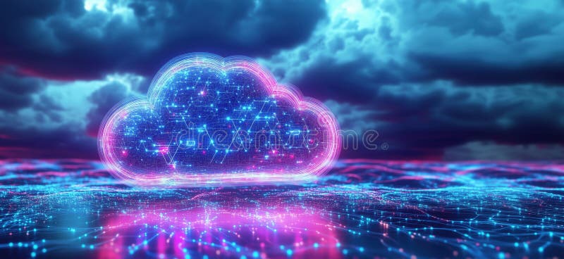 Digital Cloud Computing Concept with Vibrant Neon Colors, Glowing Data Connections, and Abstract ...
