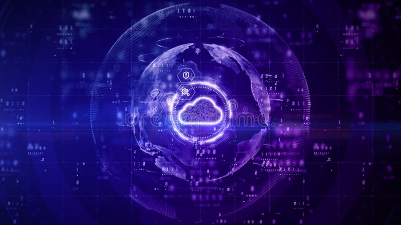 A Digital Cloud Symbol Floating Above Rows of Data Servers in a High-Tech Data Center during ...