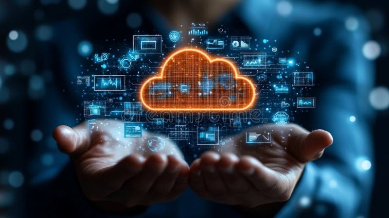 Hands Holding Cloud Technology with Digital Data Visualization Stock Illustration - Illustration ...