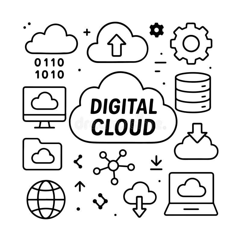 Digital Cloud Computing Line Art Illustration Stock Vector - Illustration of cloud, connections ...