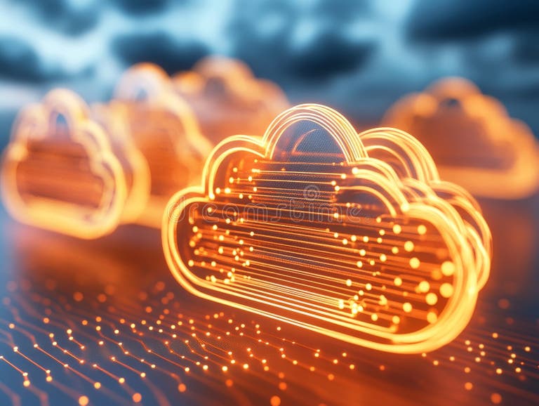 Digital Cloud Computing Network Concept Glowing Orange Neon Cloud on ...