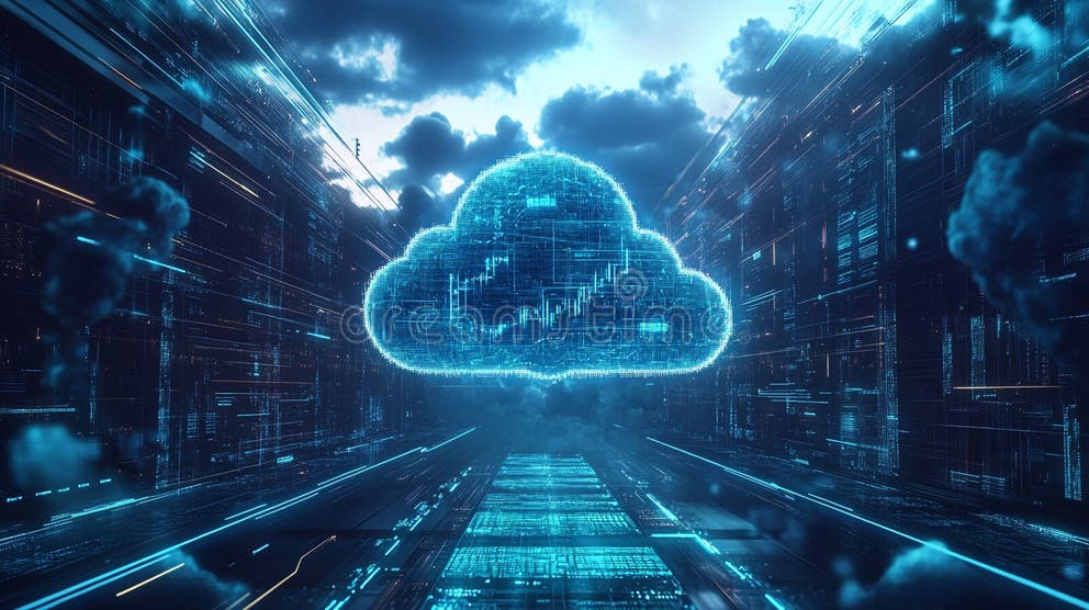 Digital Cloud Computing Network Data Center Technology Abstract Futuristic Blue Glow Web Code ...