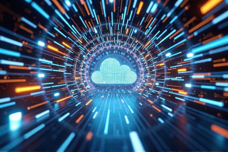 Digital Cloud Computing Network with Dynamic Light Streaks Stock Illustration - Illustration of ...