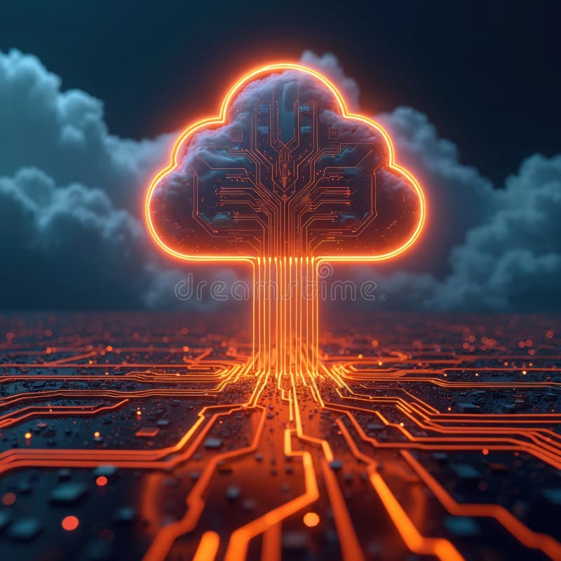 Digital Cloud Computing Network Illustration, Orange Glowing. Cloud ...