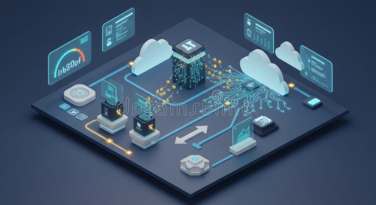Digital Cloud Computing Network with it Infrastructure and Data Flow Stock Illustration ...